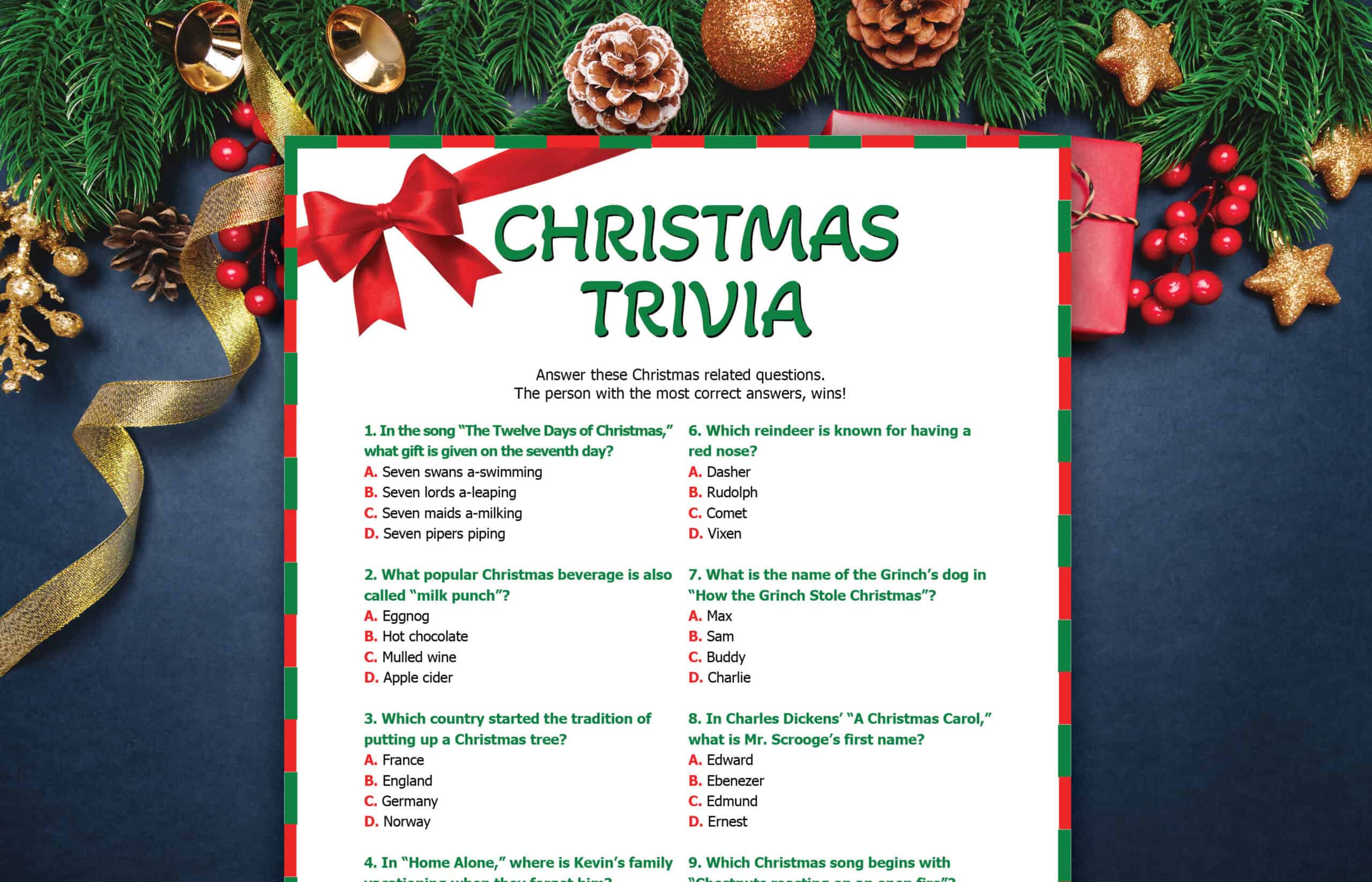 Free Christmas Trivia Questions & Answers Printable - Stylish Celebrations